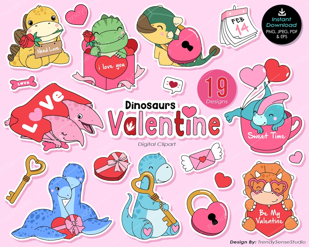 Doodle Dinosaurs Valentine Collection Digital Clipart Bundle, Sticker ...