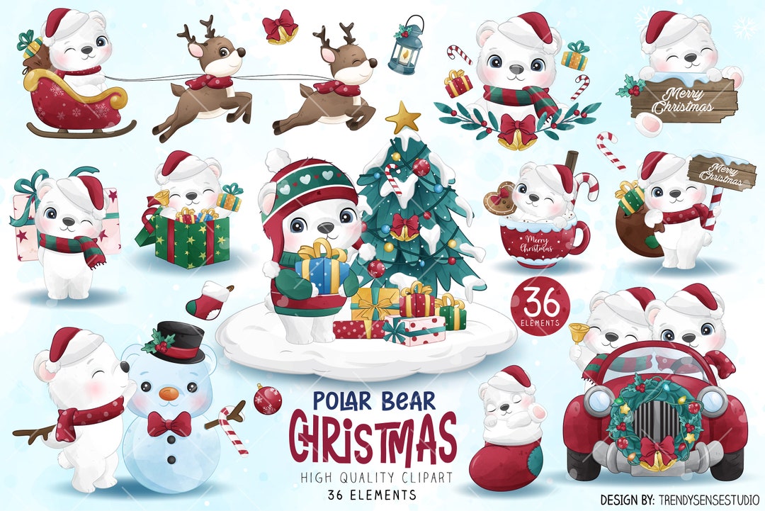 Adorable Polar Bear Christmas Digital Clipart Watercolor Illustration ...