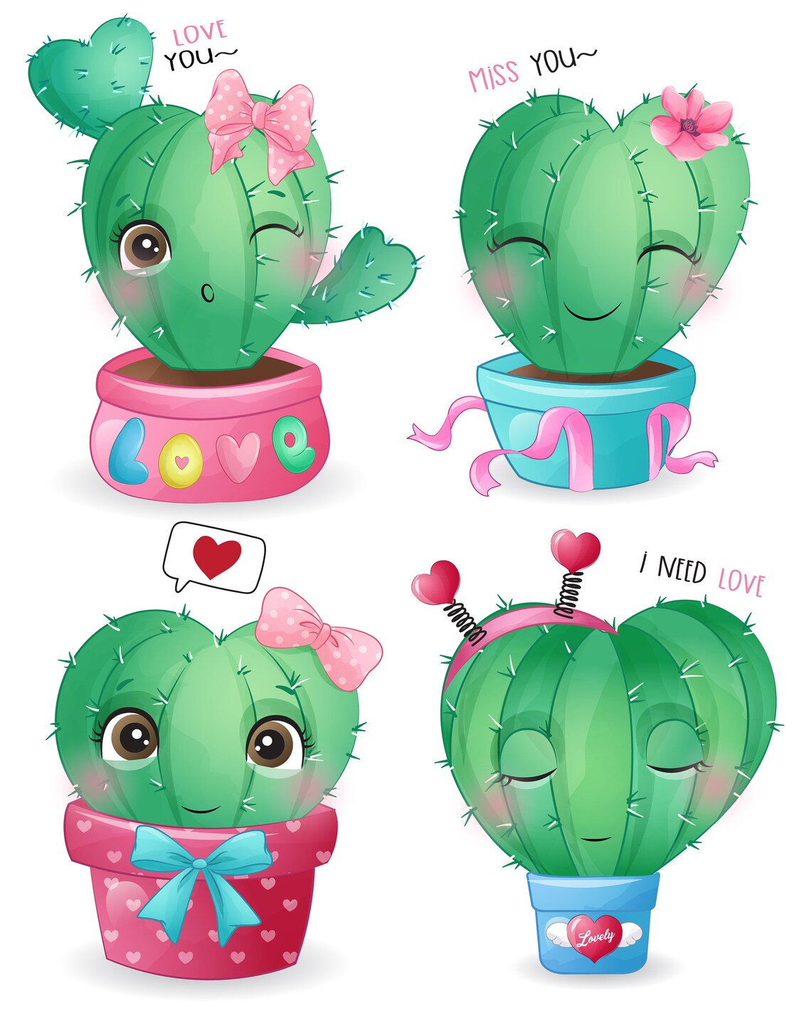Cute Cactus for Valentines Day Clipart Set. | Etsy