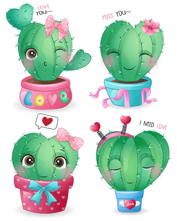 Cute cactus for valentines day clipart set. | Etsy
