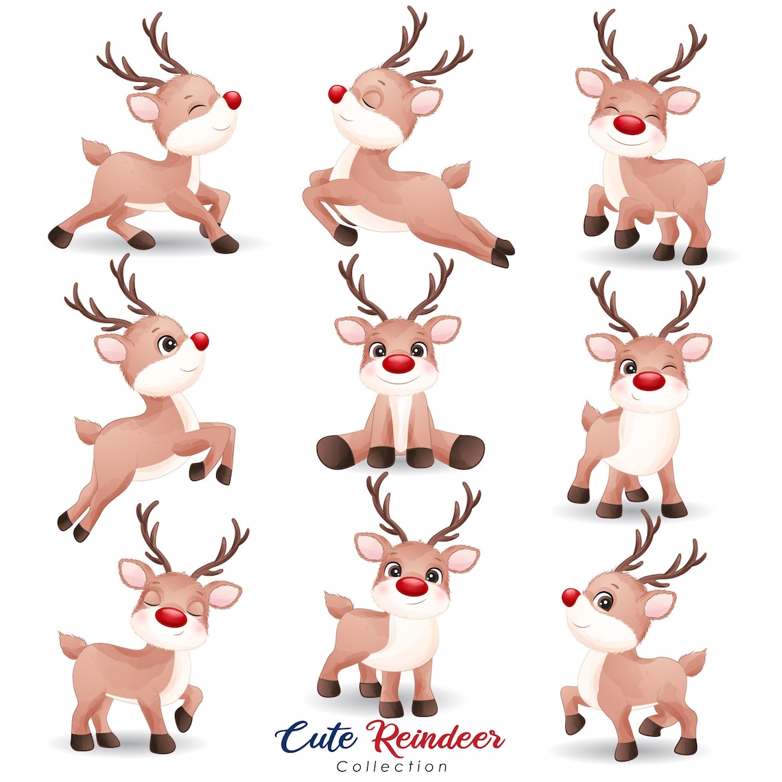 Cute Reindeer Poses Clipart With Watercolor Illustration | Etsy
