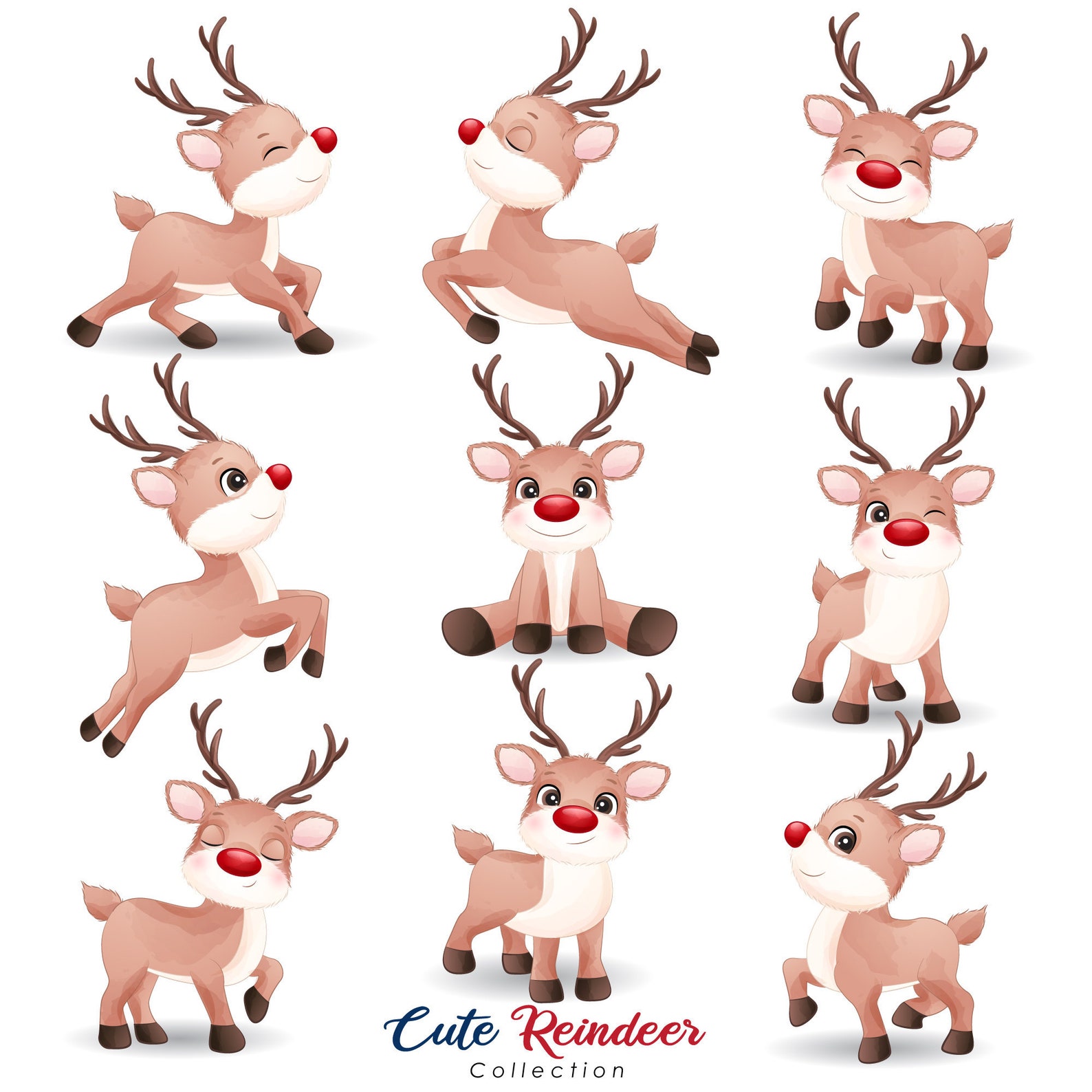 Cute reindeer poses clipart with watercolor illustration | Etsy