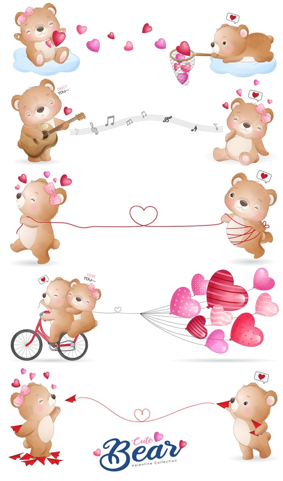 Cute Bear for Valentines Day Clipart Set. | Etsy