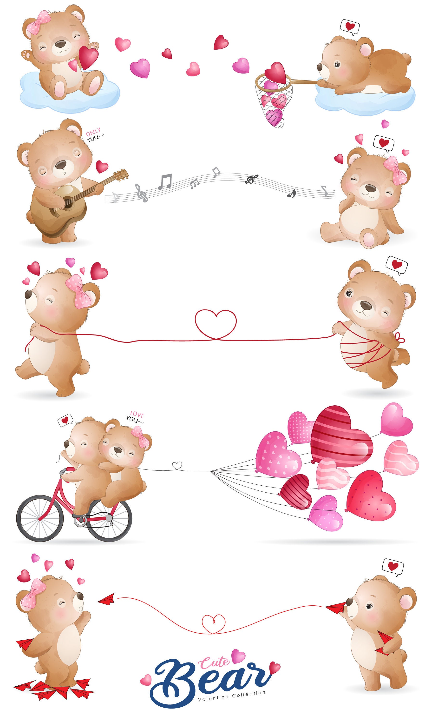 Cute Bear for Valentines Day Clipart Set. | Etsy