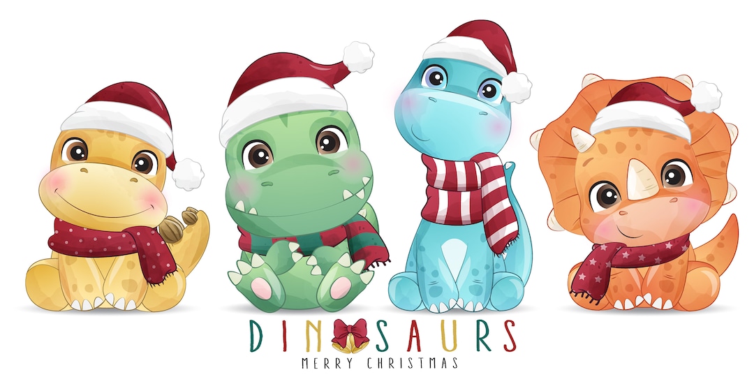 Adorable Dinosaurs Christmas Digital Clipart Watercolor Illustration ...