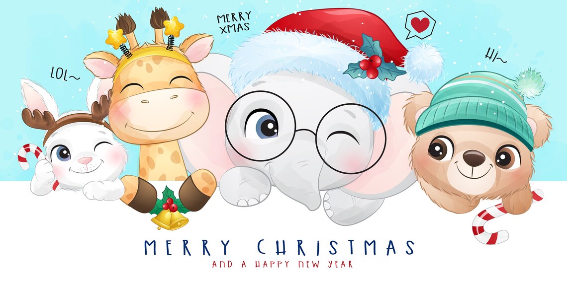 Cute Animals for Christmas Party Clipart With Watercolor - Etsy