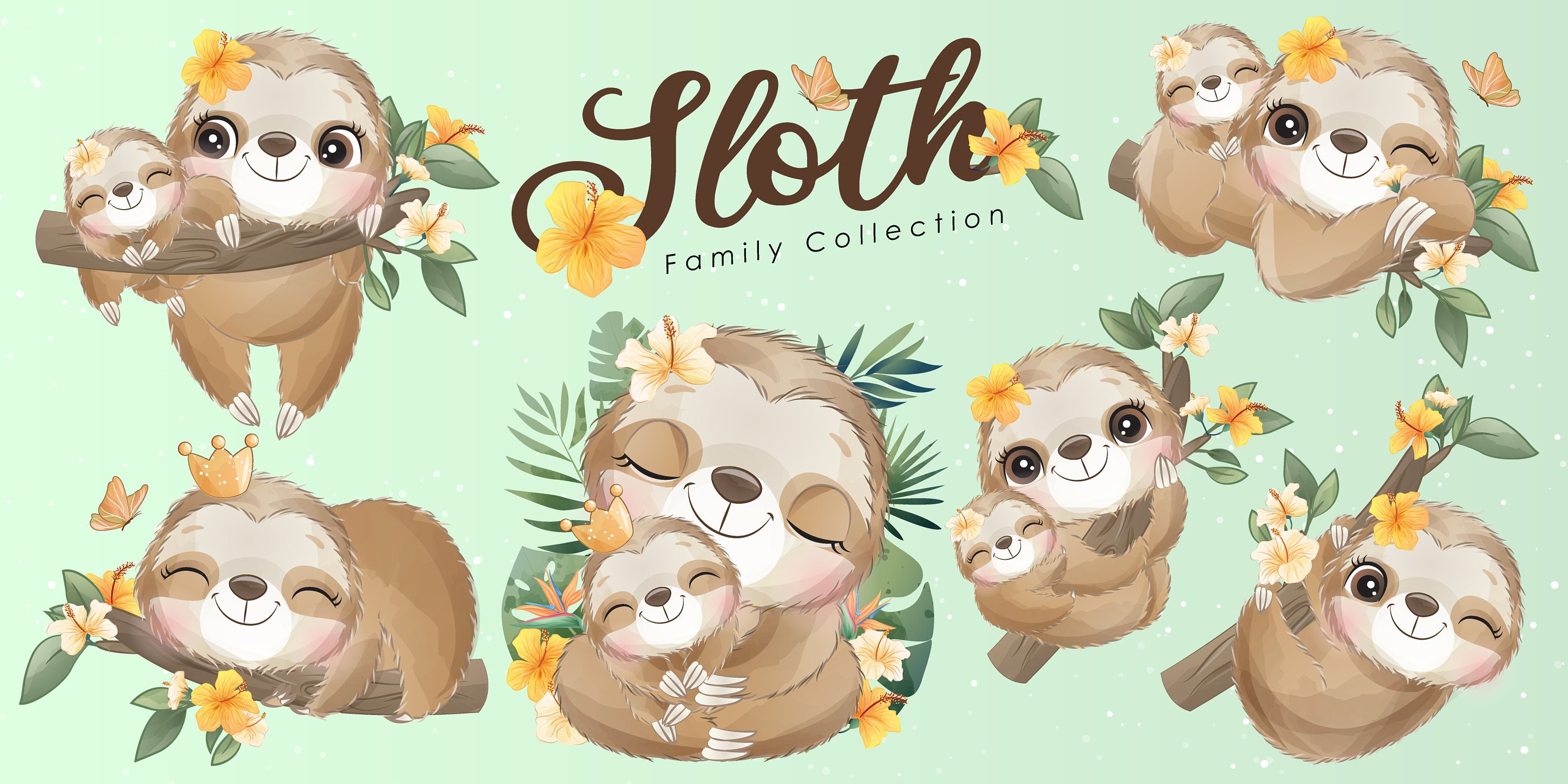 Cute Sloth Clipart Set With Watercolor Illustration - Etsy