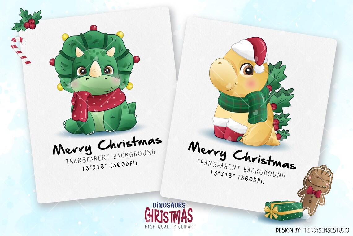 Doodle Christmas Dinosaurs Digital Clipart With Watercolor Illustration ...