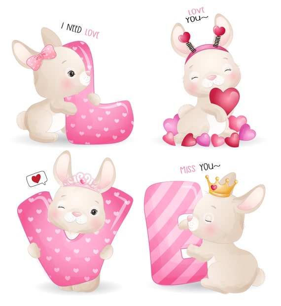 Cute Bunny for Valentines Day Clipart Set. | Etsy