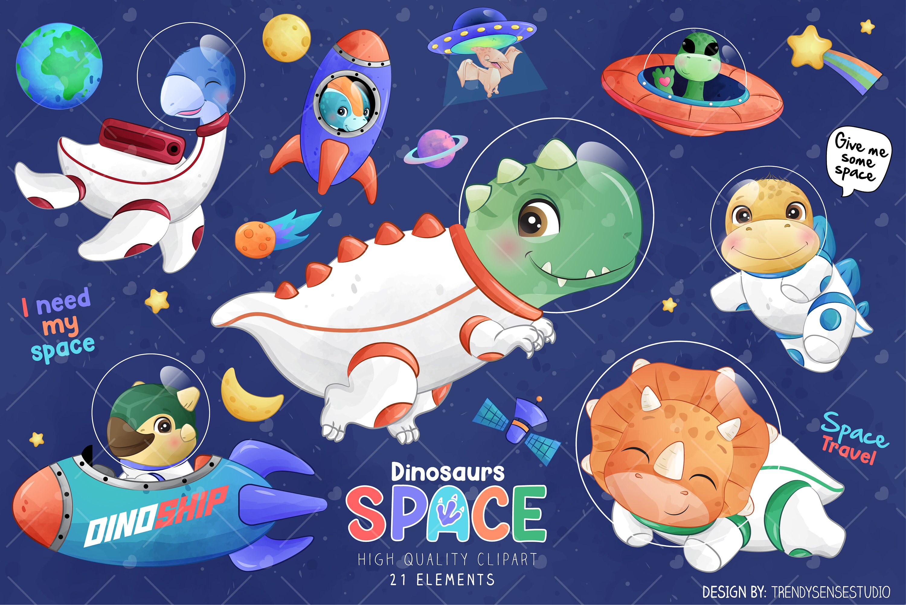 Doodle Dinosaurs Space Digital Clipart With Watercolor Illustration ...