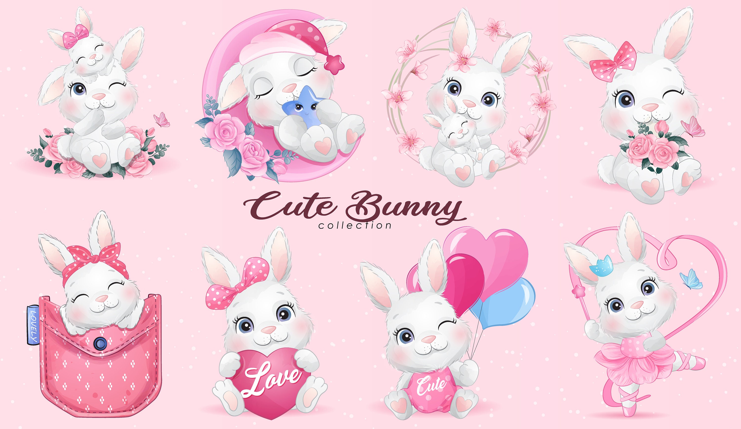 Cute Little Bunny Clipart Set With Watercolor Illustration - Etsy