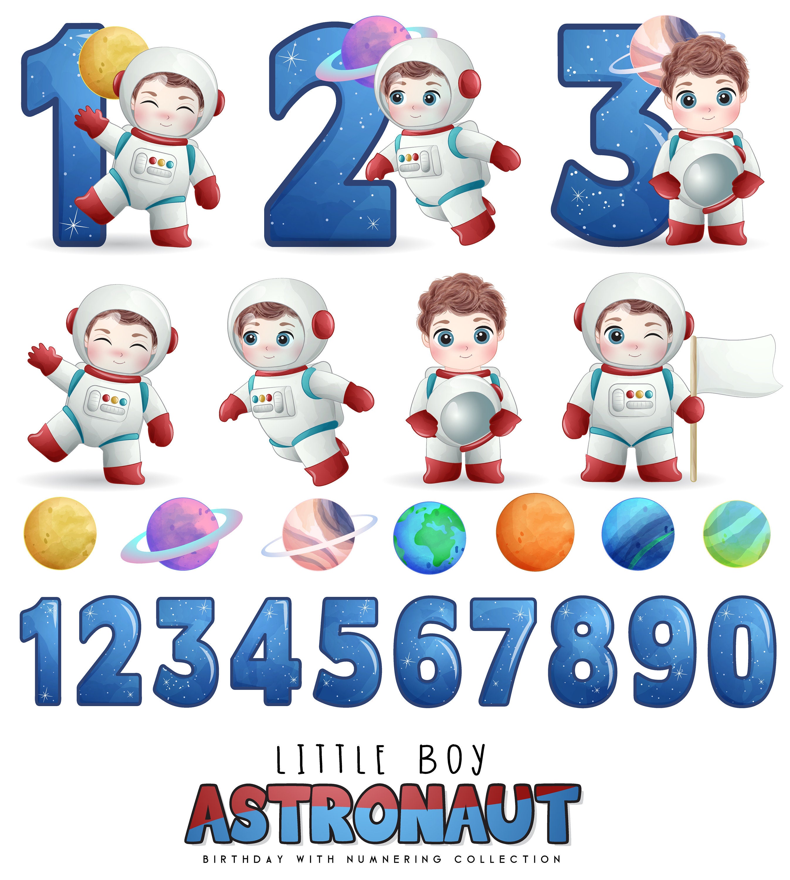 Doodle little boy astronaut with numbering digital clipart set