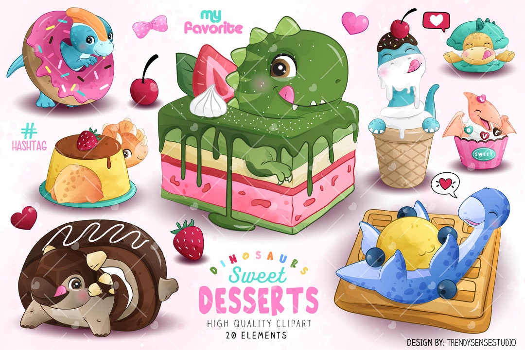 Doodle Dinosaurs Sweet Desserts Digital Clipart With Watercolor ...