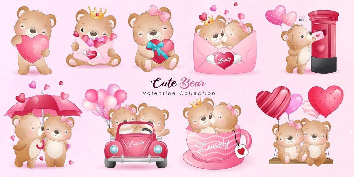 Cute Bear for Valentine's Day Clipart With Watercolor - Etsy