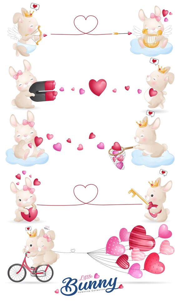Cute Bunny for Valentines Day Clipart Set. | Etsy