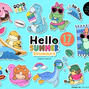 Doodle Dinosaurs Summer Collection Digital Clipart Bundle, Sticker ...