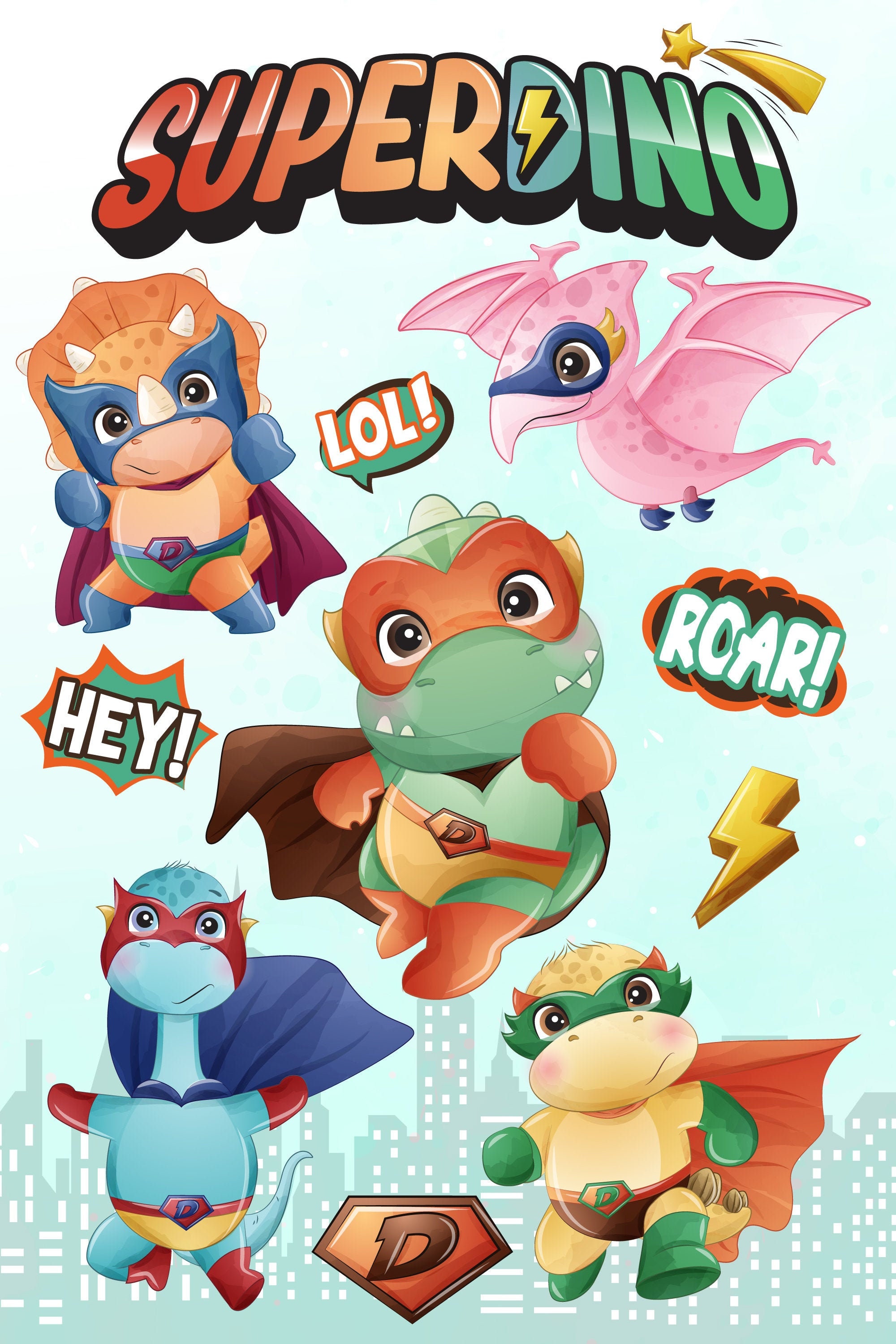 Cute Dinosaur Superhero Clipart With Watercolor Illustration - Etsy