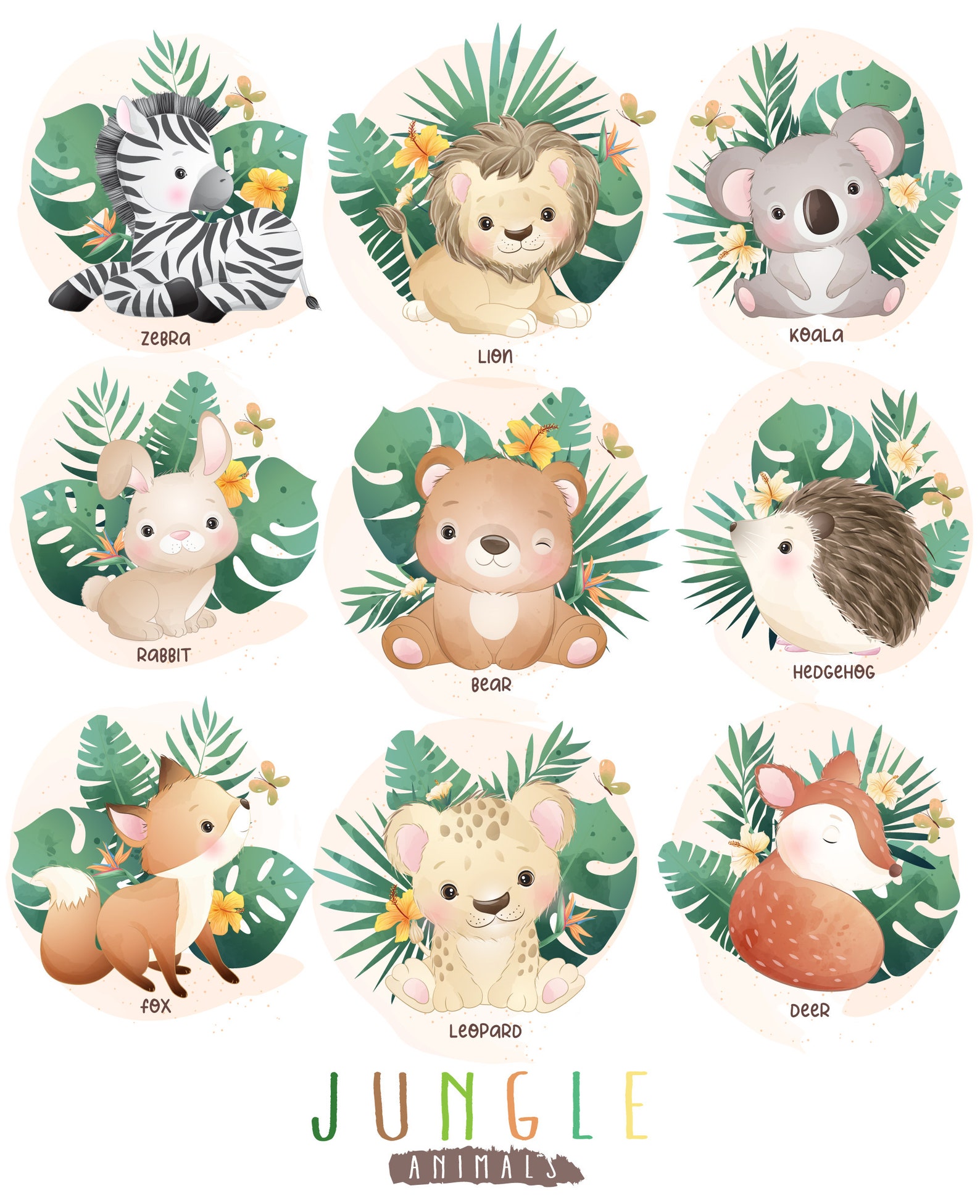 Cute Jungle Animals Clipart With Watercolor Illustration | Etsy