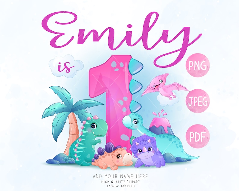 Custom Name With Adorable Dinosaurs Girl Birthday Number 1 Digital ...