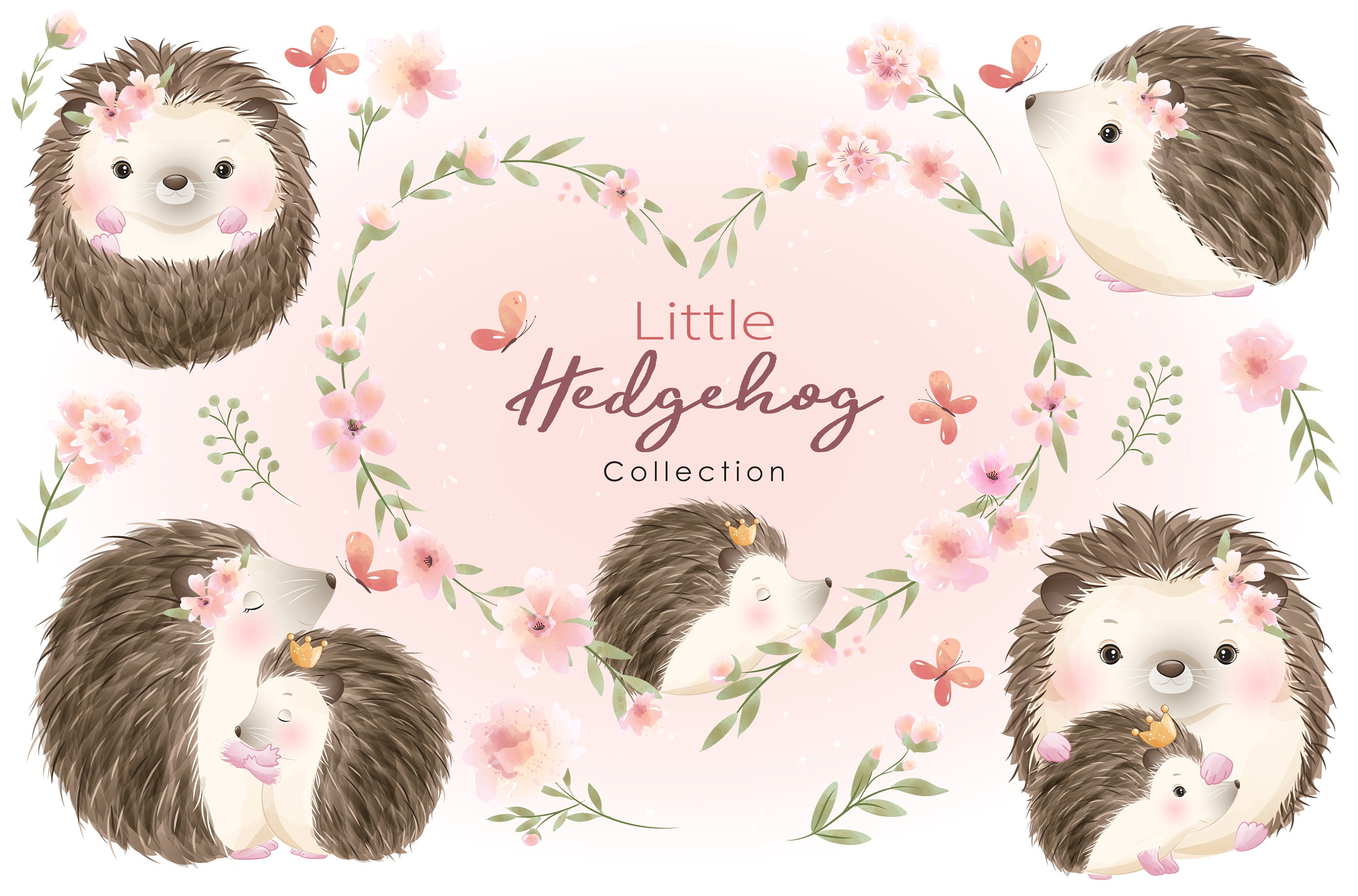 Cute Little Hedgehog with floral clipart with watercolor | Etsy