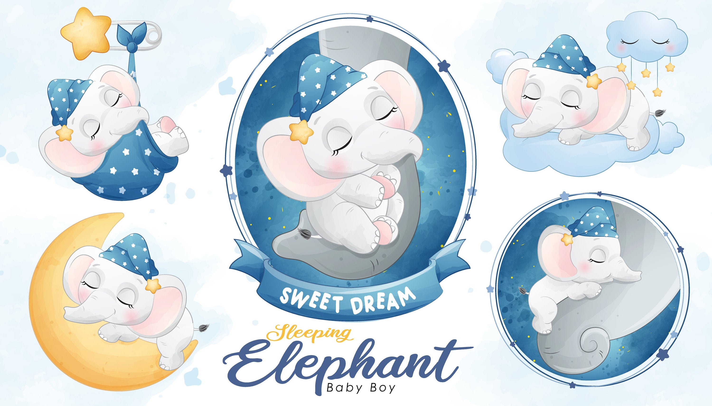 Cute Sleeping Elephant Baby Boy Illustration Digital Clipart - Etsy