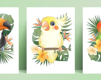 Cute Tropical Birds Clipart Set With Watercolor Illustration - Etsy