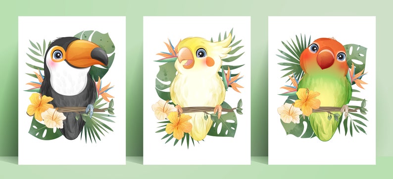 Cute Tropical Birds Clipart Set With Watercolor Illustration - Etsy