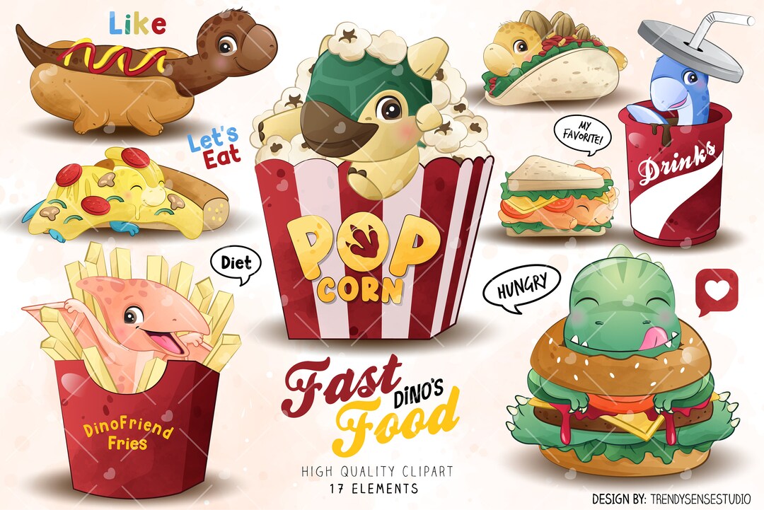 Doodle Dinosaurs Fast Food Digital Clipart With Watercolor Illustration ...