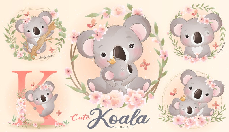 Cute koala clipart set with watercolor illustration | Etsy