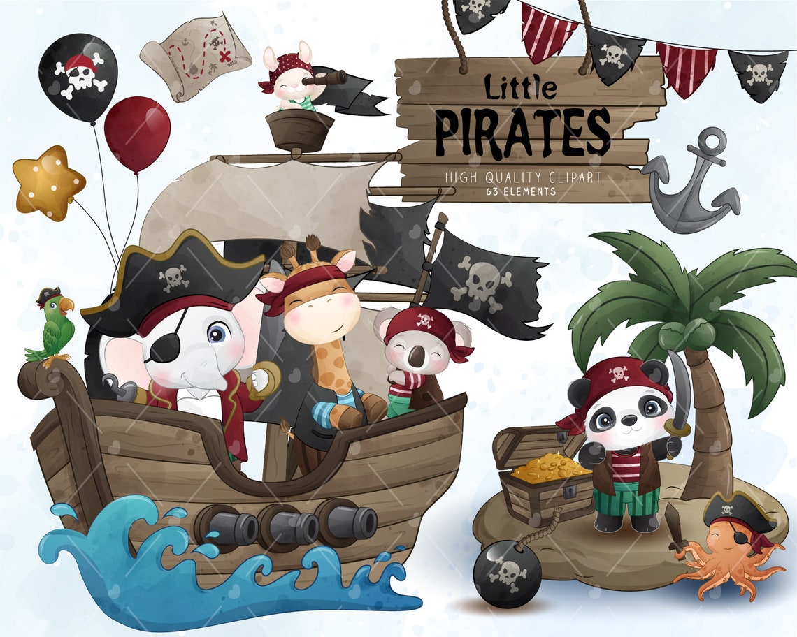 Little Pirates Birthday Party With Numbering Digital Clipart Watercolor ...