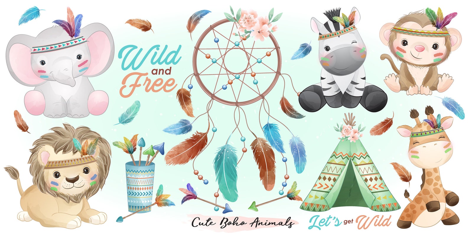 Cute Boho Animals Clipart With Watercolor Illustration - Etsy Australia