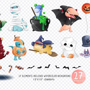 Doodle Dinosaurs Halloween Digital Clipart With Watercolor Illustration ...