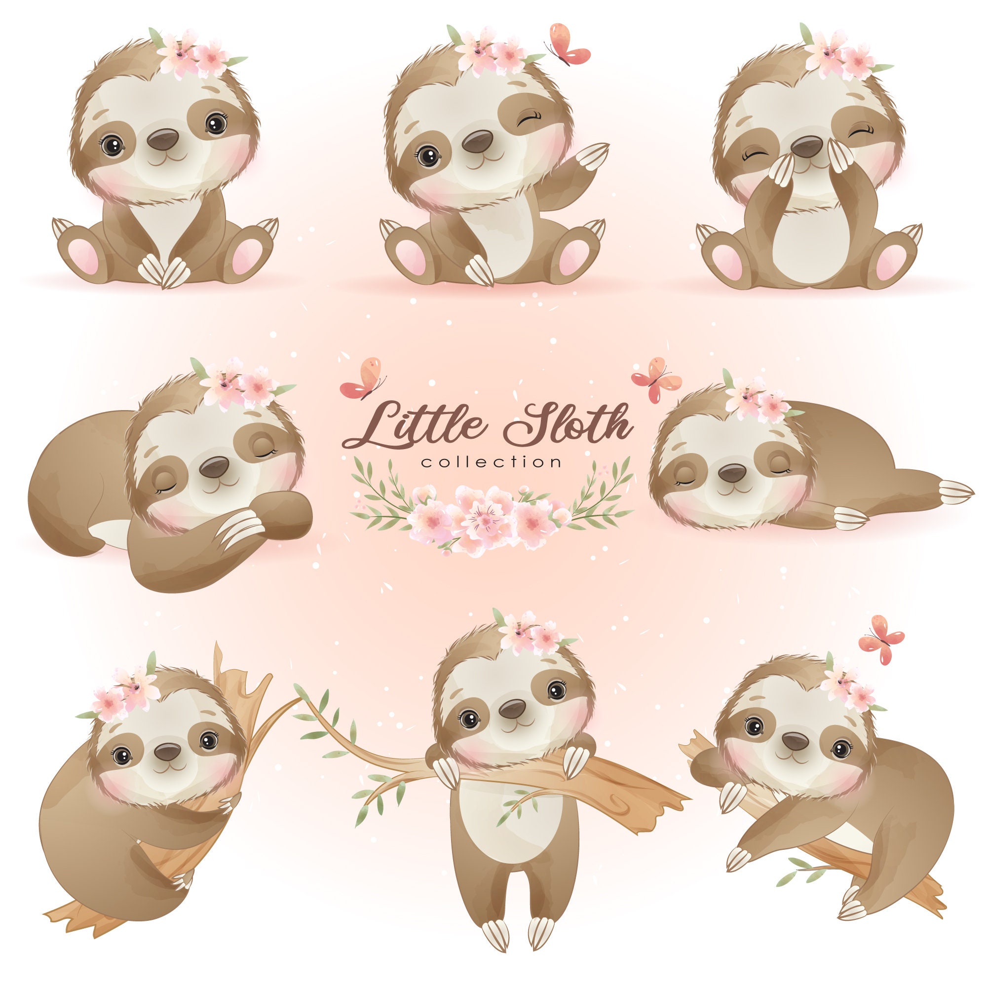 Cute Little sloth poses clipart with watercolor illustration