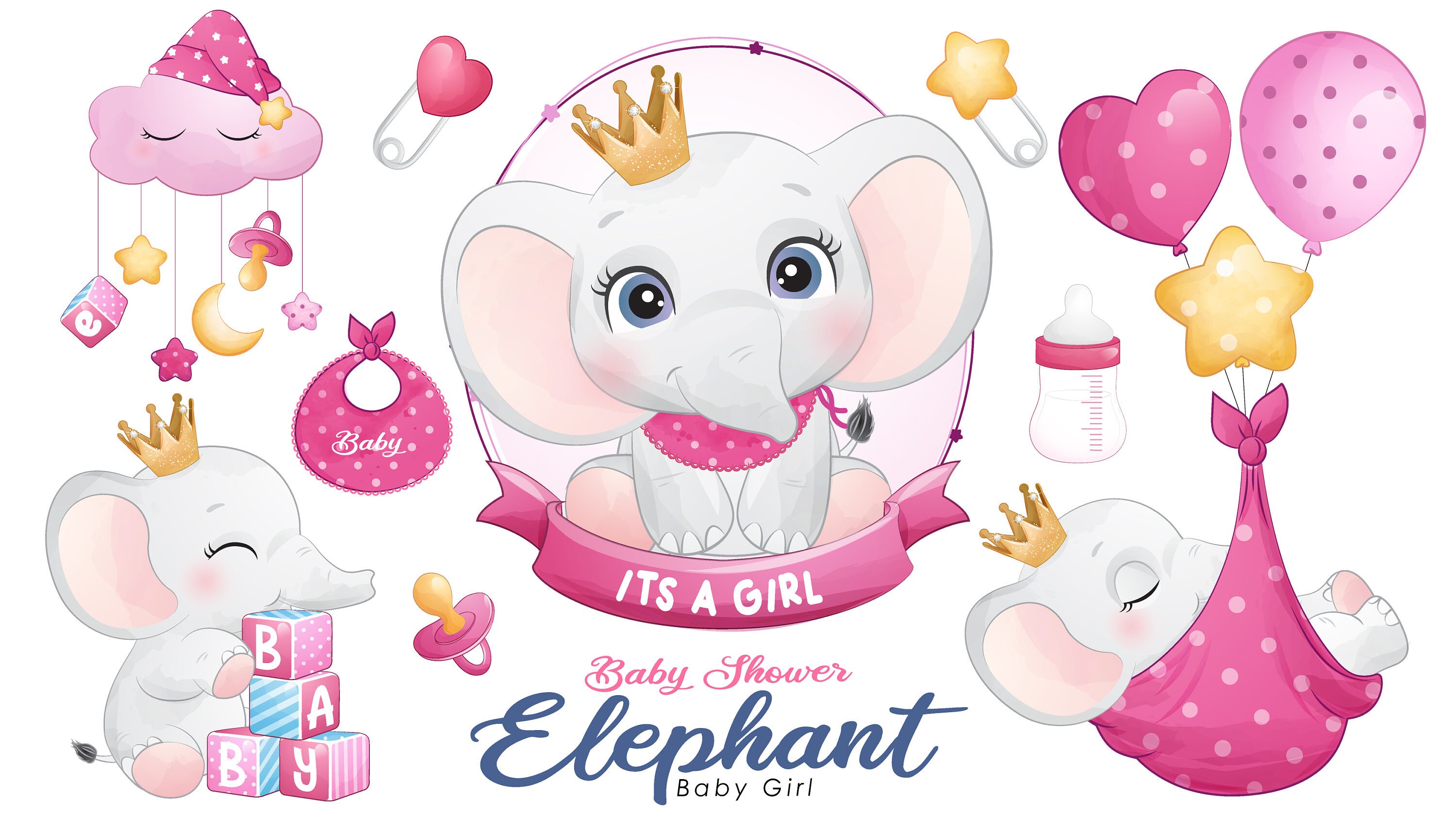 Cute baby girl elephant baby shower digital clipart set | Etsy