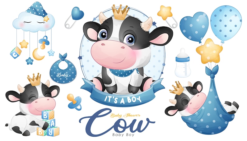Cute Doodle Cow Baby Shower Digital Clipart Collection - Etsy