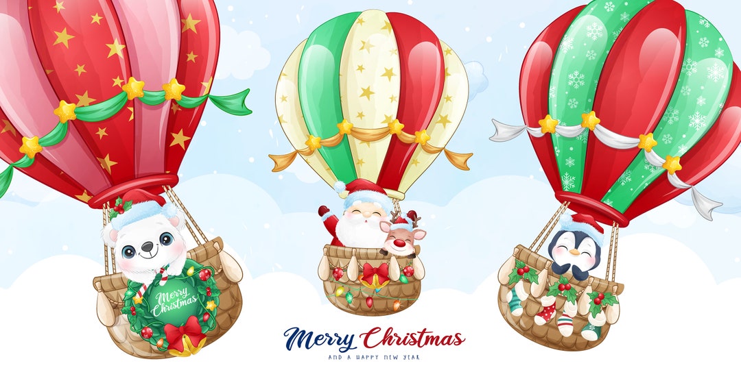 Cute Santa Claus and Friends Fly With Air Balloon for Merry Christmas ...