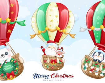Cute Animals Fly With Air Balloon for Merry Christmas Clipart | Etsy