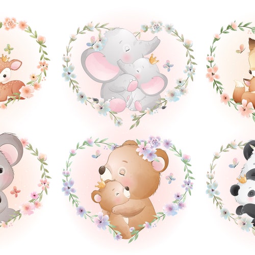 Cute Animals With Floral Wreath for Mother's Day Clipart - Etsy