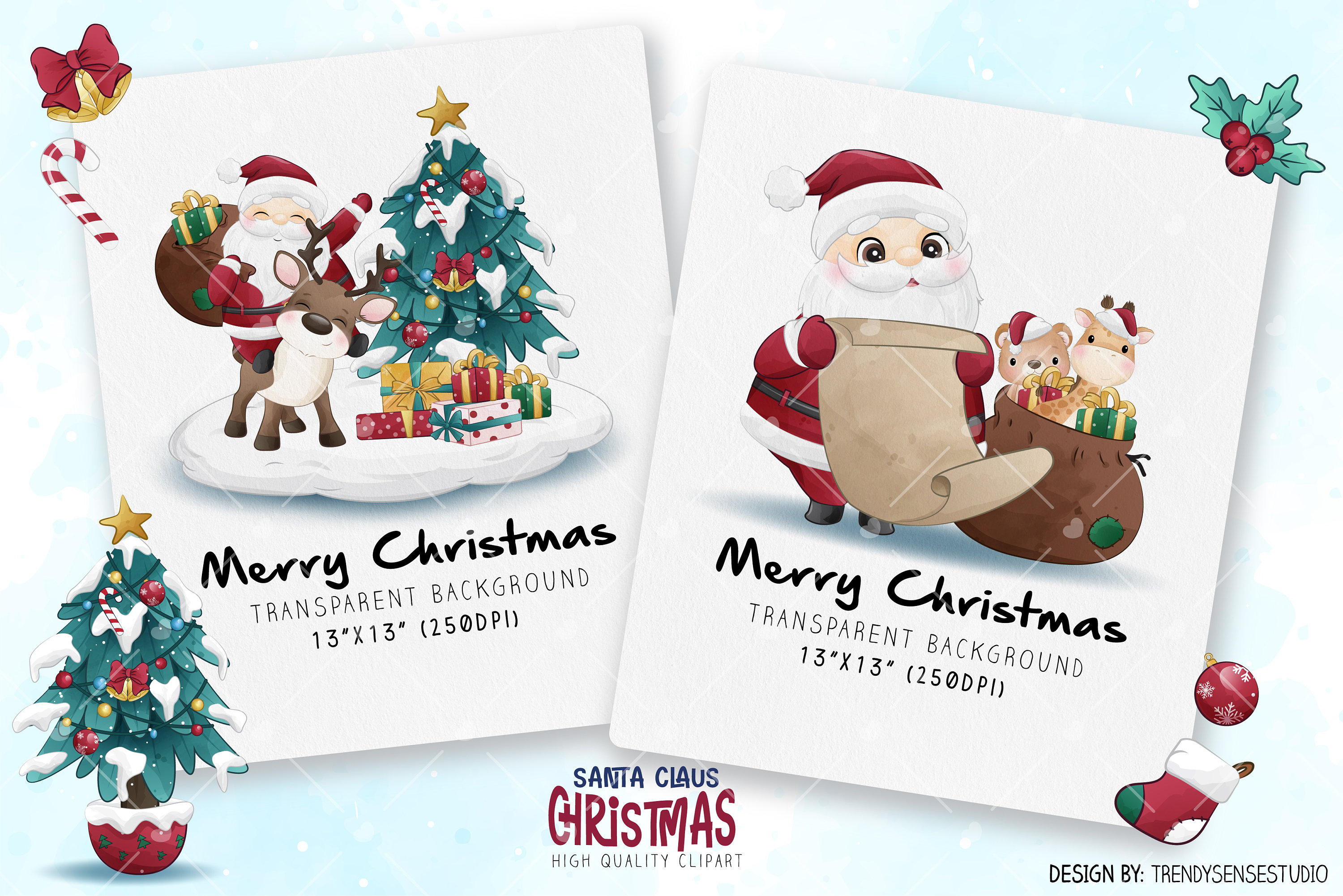 Adorable Santa Claus Christmas Digital Clipart Watercolor Illustration ...