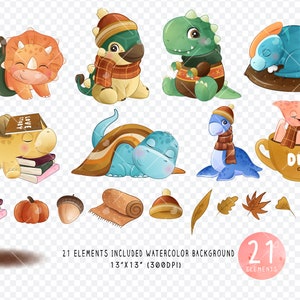 Doodle Autumn Dinosaurs Digital Clipart With Watercolor Illustration ...