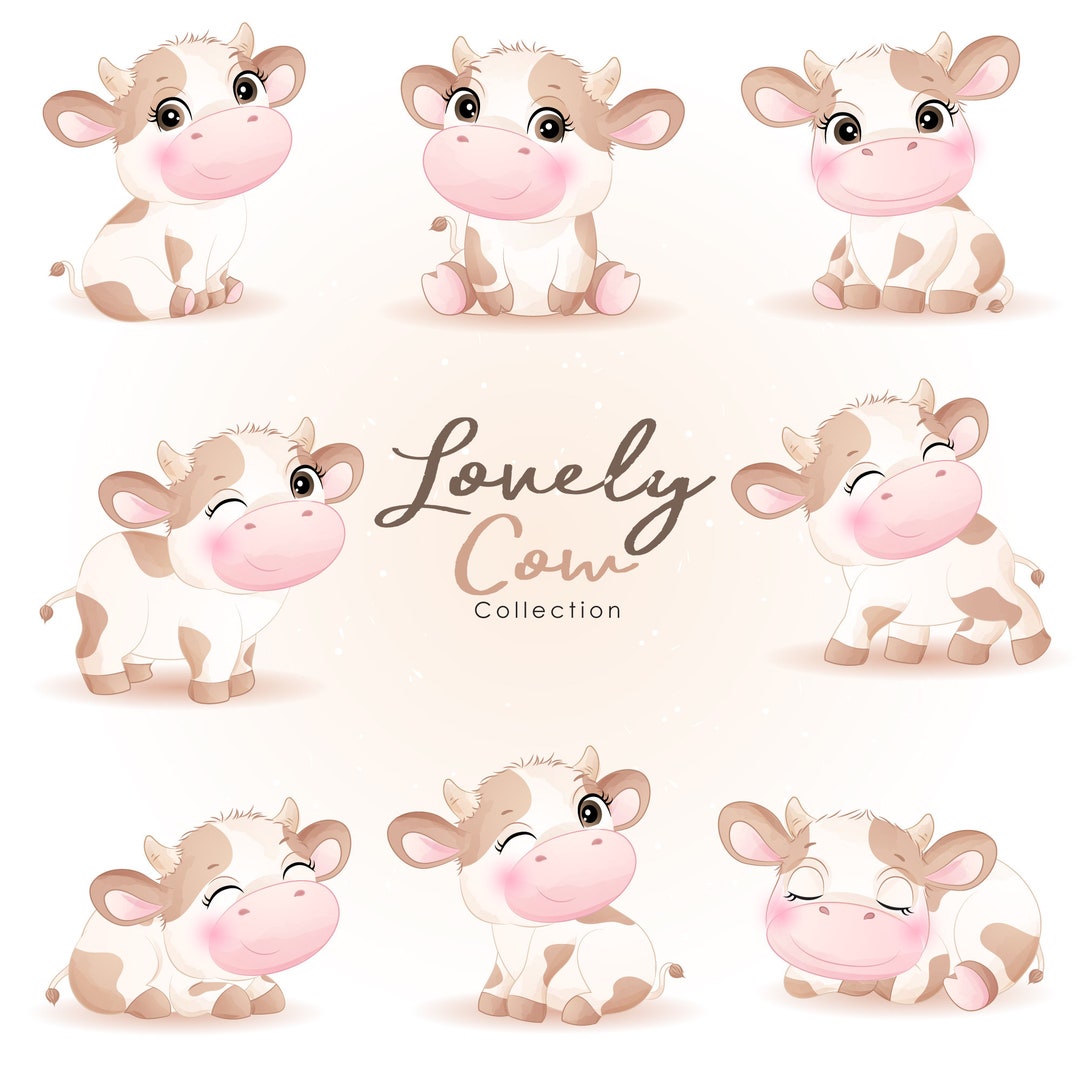 Cute Doodle Cow Clipart Poses With Watercolor Illustration Set - Etsy