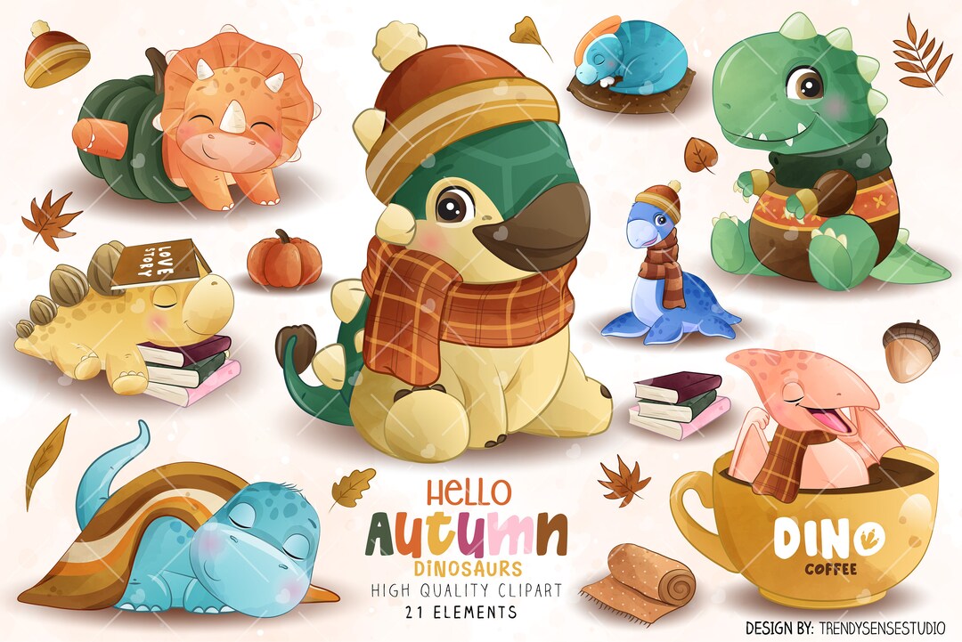 Doodle Autumn Dinosaurs Digital Clipart With Watercolor Illustration ...
