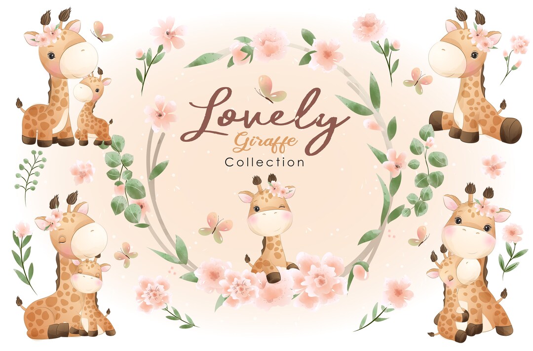 Cute Little Giraffe With Floral Clipart With Watercolor Illustration - Etsy