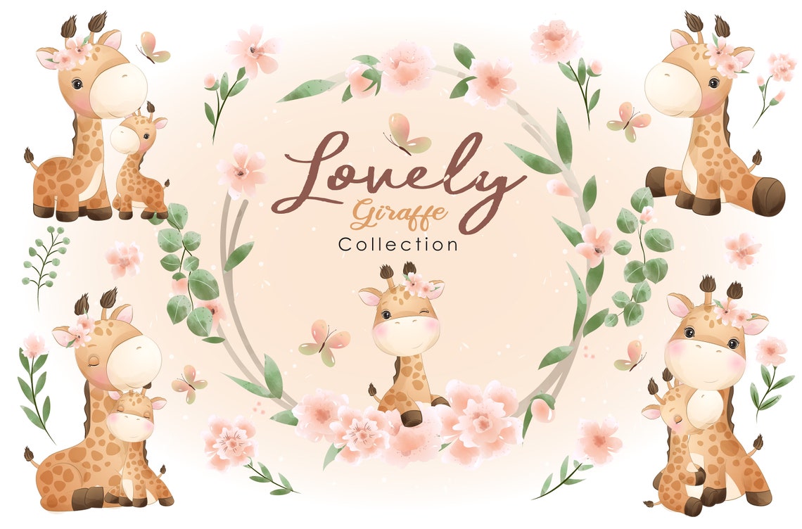 Cute Little Giraffe With Floral Clipart With Watercolor Illustration - Etsy
