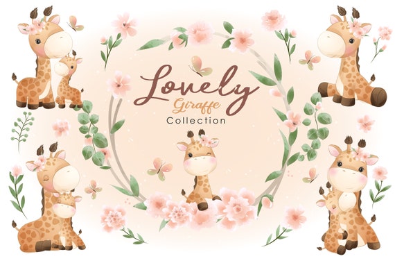 Cute Little Giraffe With Floral Clipart With Watercolor - Etsy
