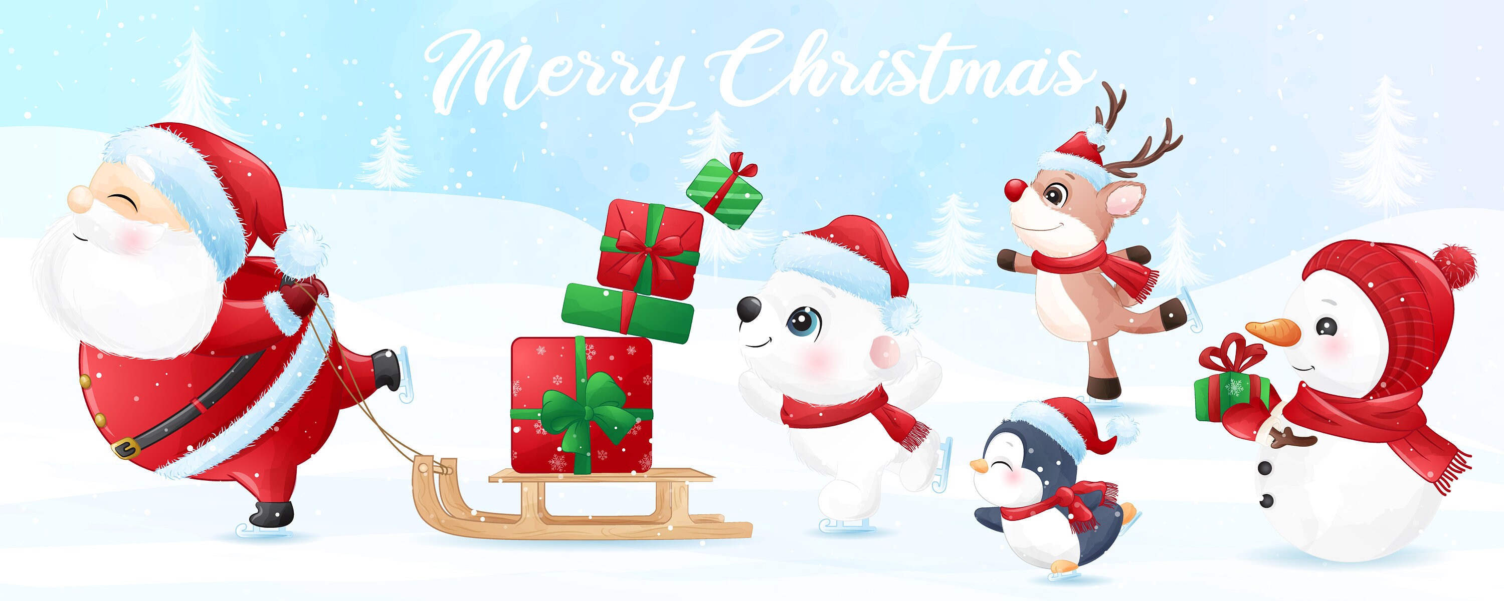 Cute Santa Claus and Friends for Merry Christmas Clipart With | Etsy