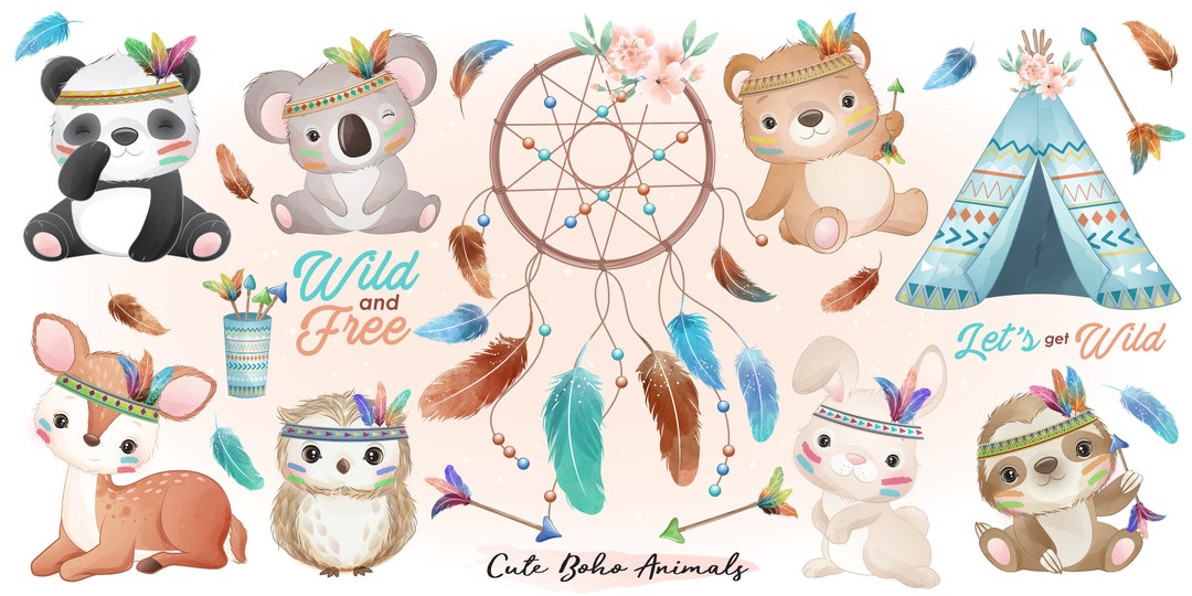 Cute Boho Animals Clipart With Watercolor Illustration - Etsy