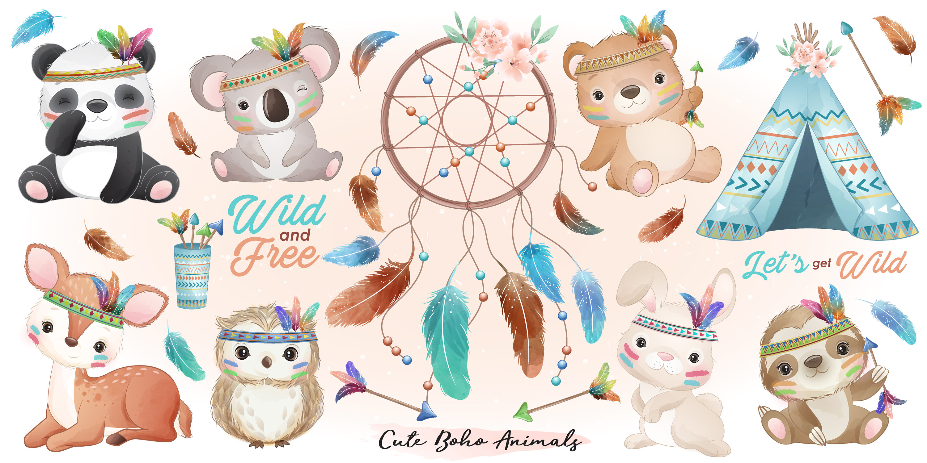 Cute Boho Animals Clipart With Watercolor Illustration - Etsy