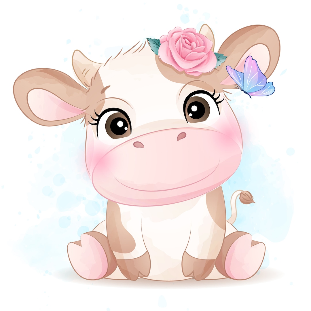 Cute Doodle Cow Clipart With Watercolor Illustration - Etsy