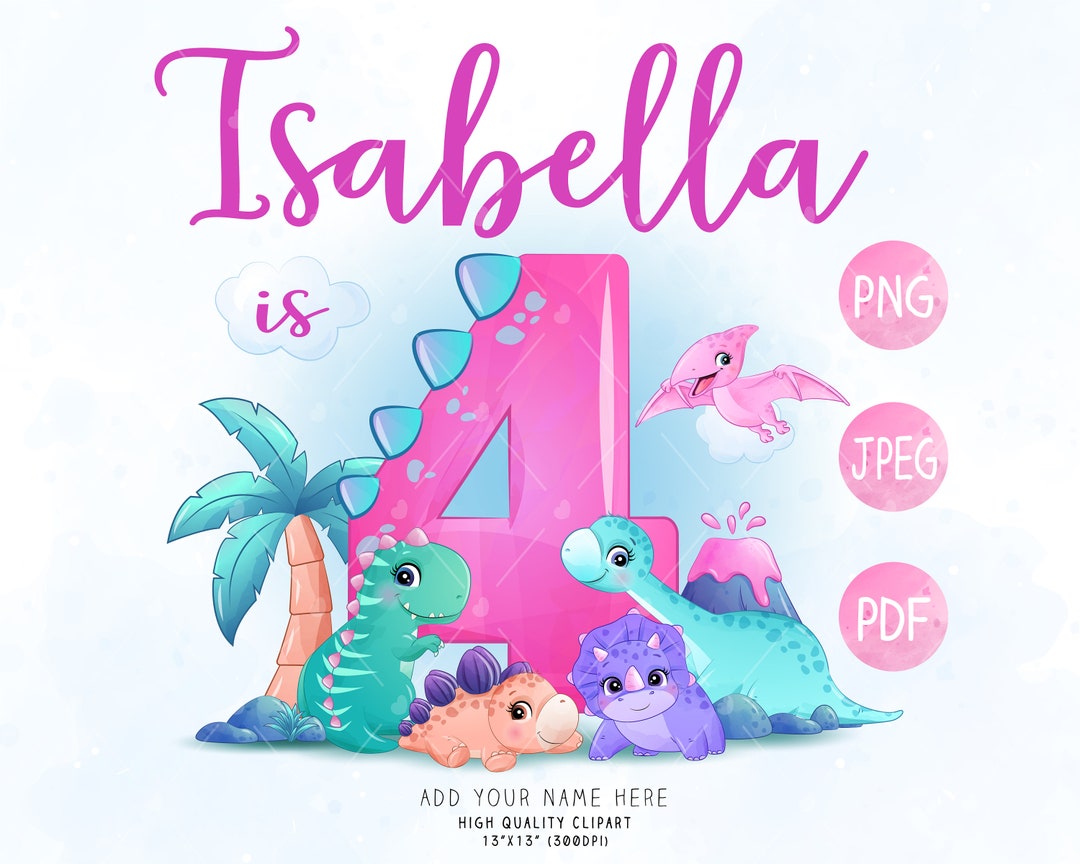 Custom Name With Adorable Dinosaurs Girl Birthday Number 4 Digital ...